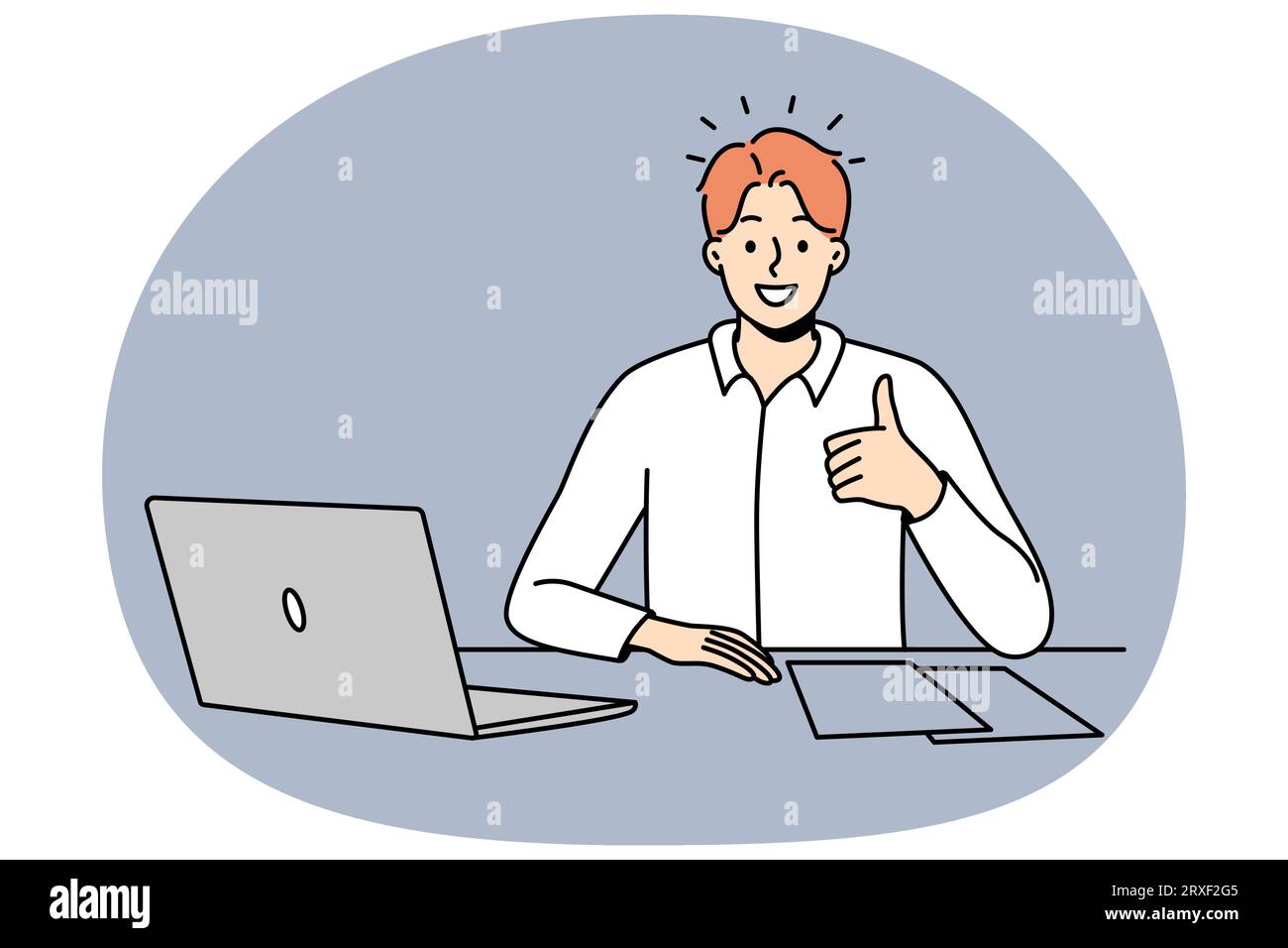 Smiling young businessman sit at office desk work on computer show ...