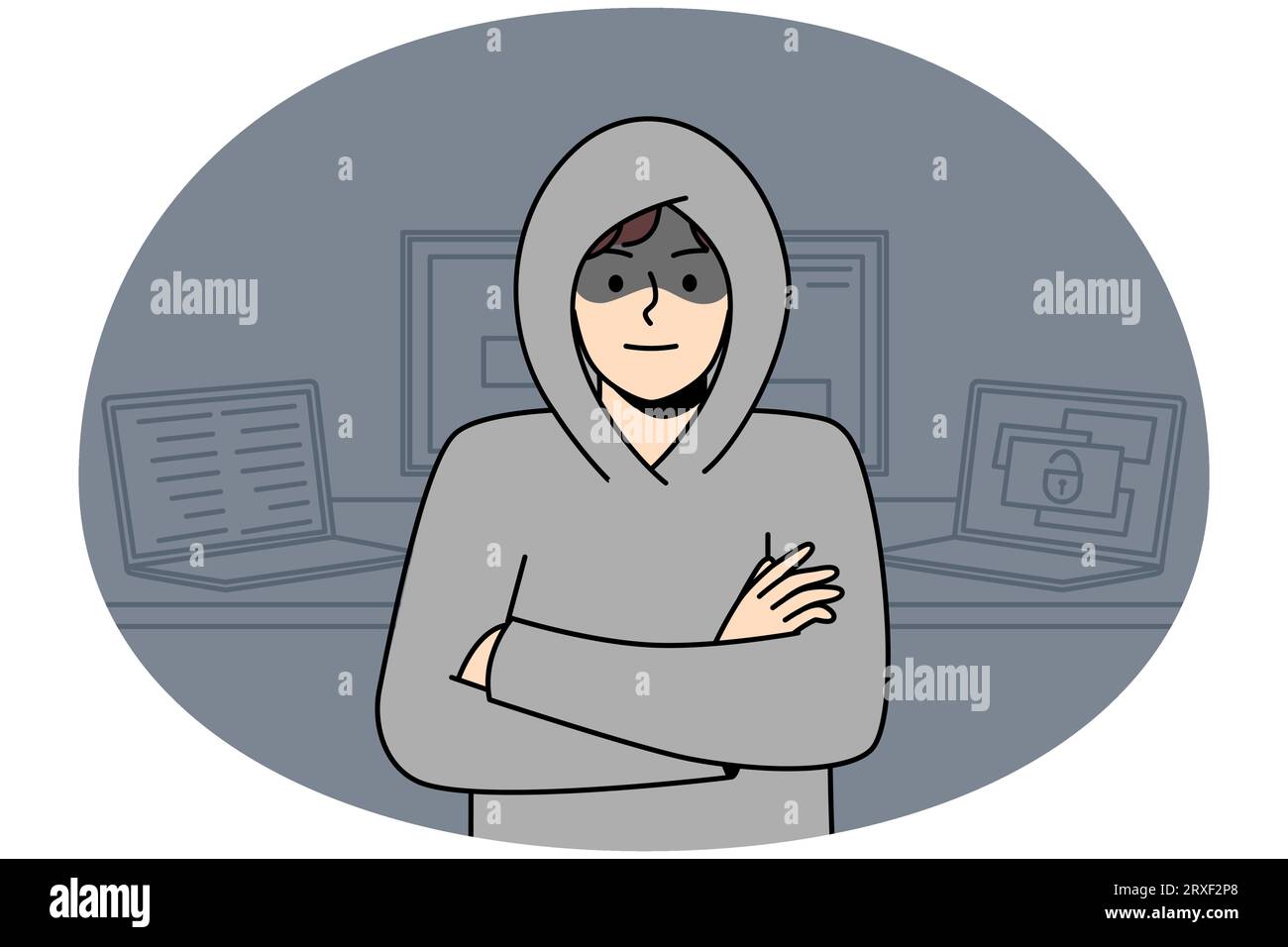 Young man in hood standing near computers hacking internal operations ...
