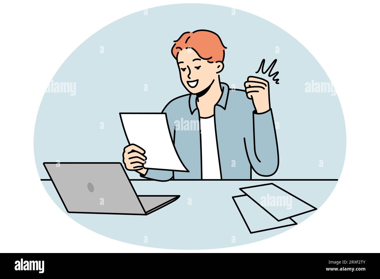 Smiling young man sit at desk work on computer excited with good news ...