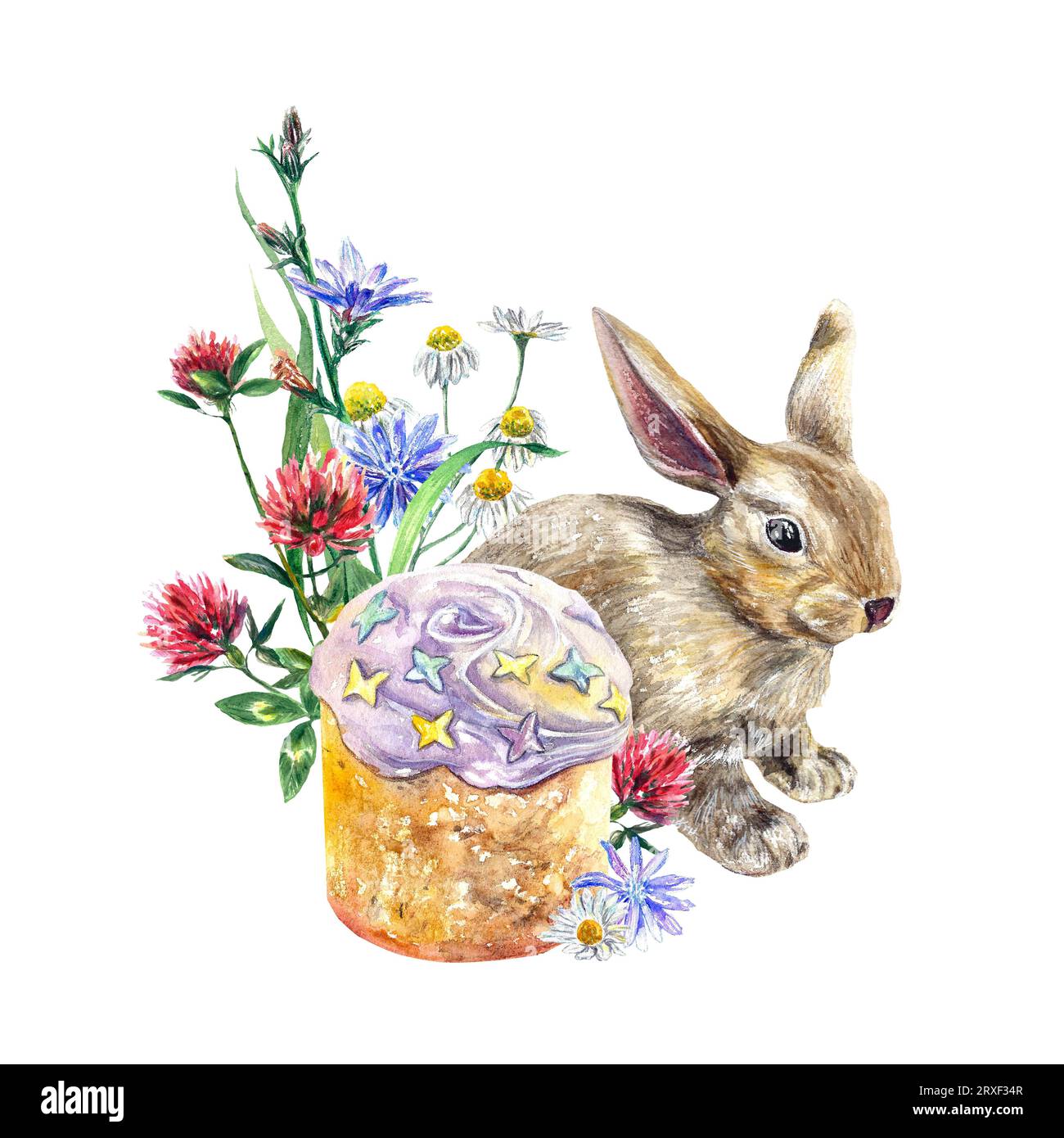 Rabbit, Easter cake, wild flowers of clover, chamomile, chicory ...