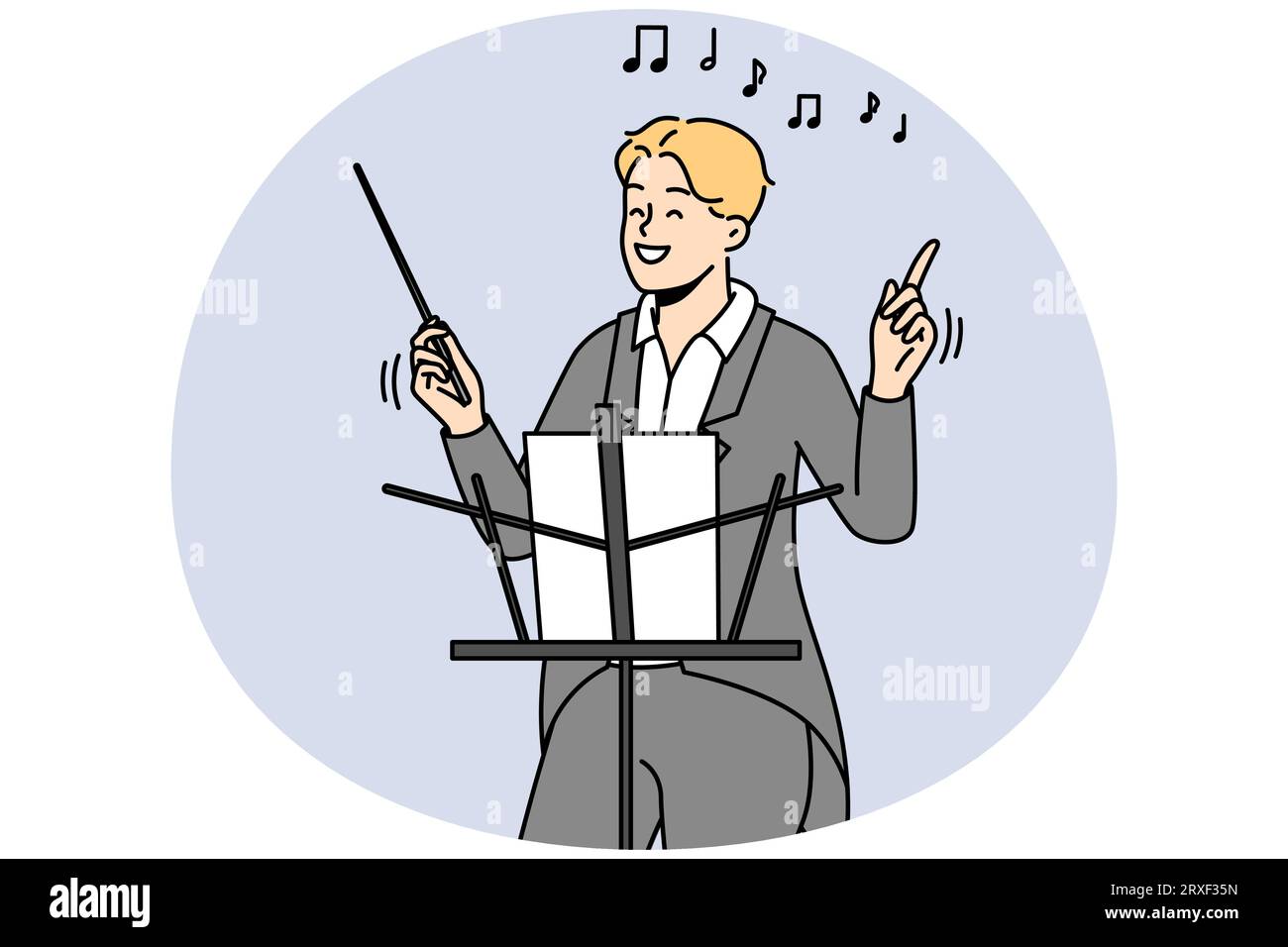 Smiling male conductor in formalwear hold baton working in concert hall ...