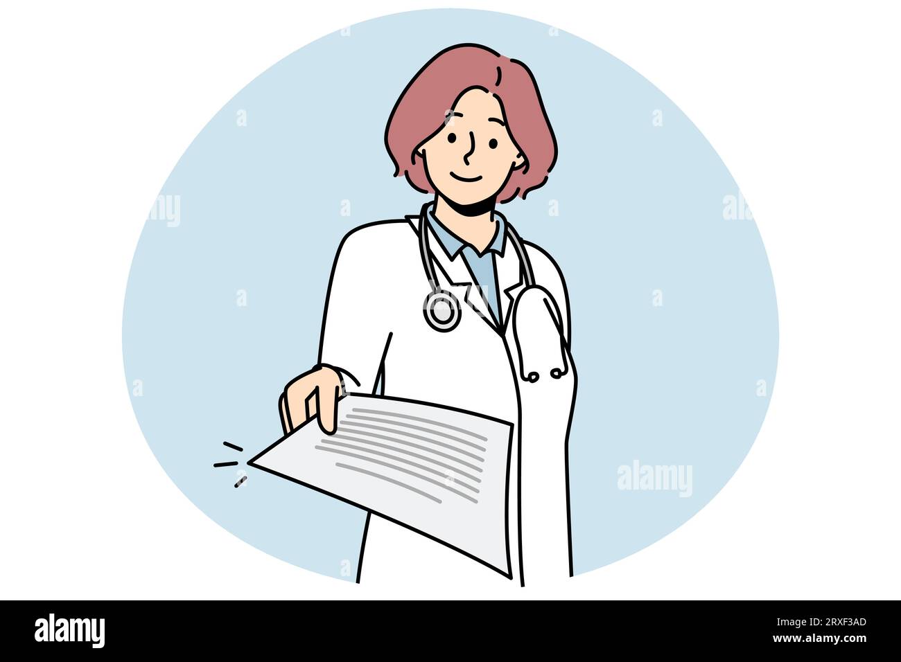 Smiling female doctor in medical uniform give paperwork from hospital ...