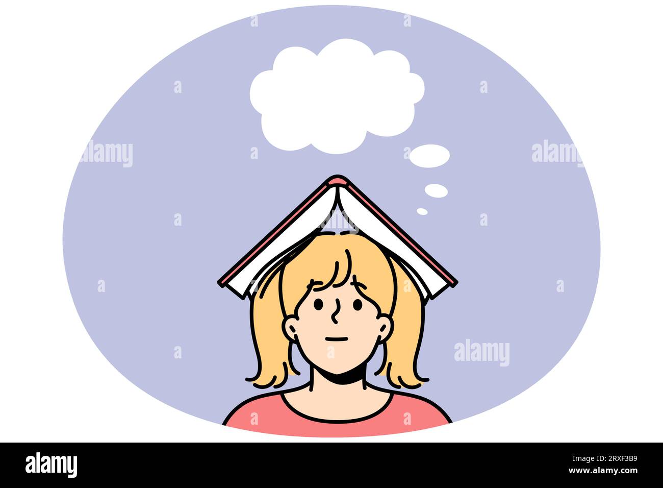 Small girl with book on head dreaming or fantasizing. Little child ...