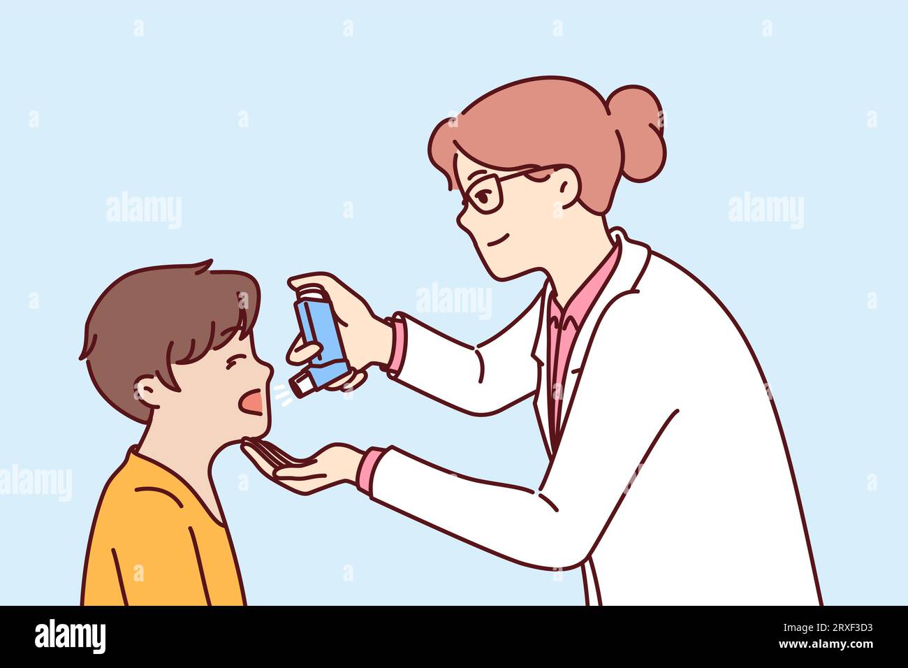 Woman doctor with inhaler helps boy cope with asthma attack or get rid ...