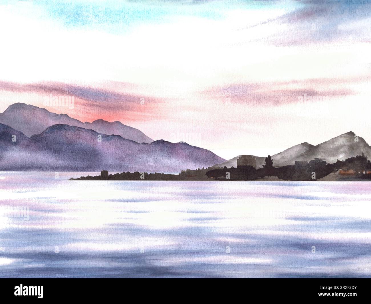 Nautical watercolor landscape. Adriatic seascape with sky, town and ...