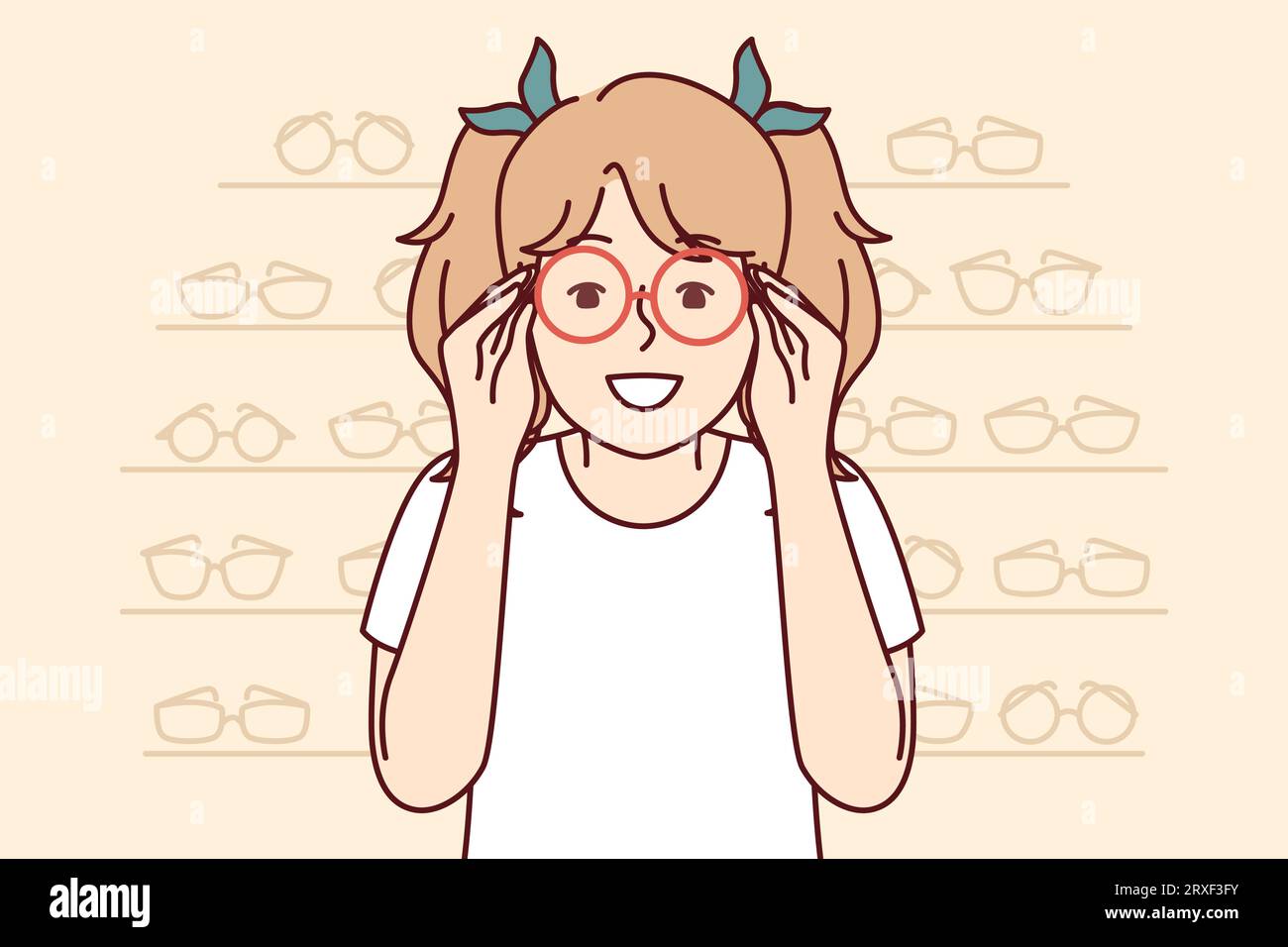 Little girl is trying on eyeglasses for vision correction, stands in ...