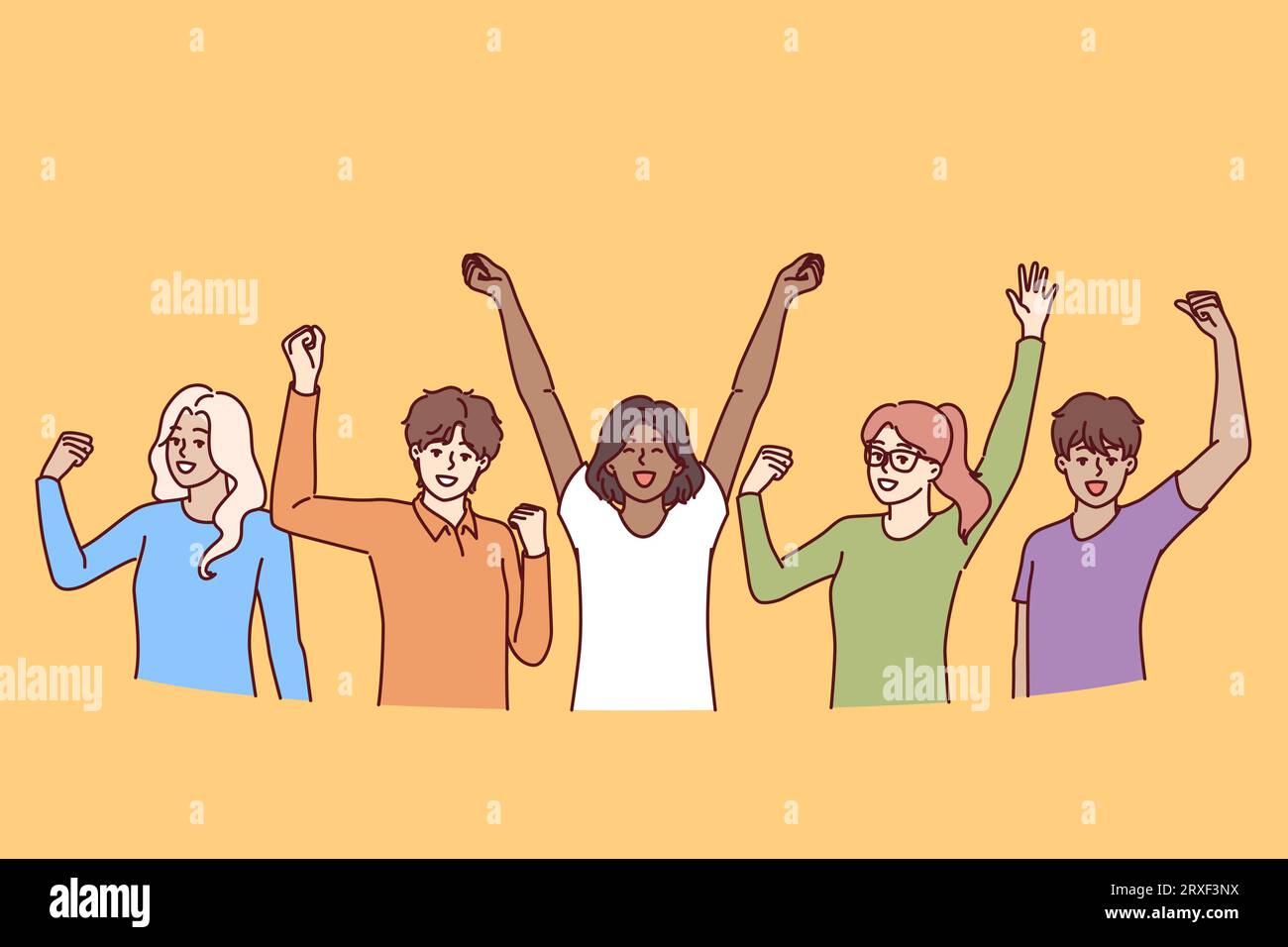 Cheerful diverse people raise hands up celebrating victory in joint ...