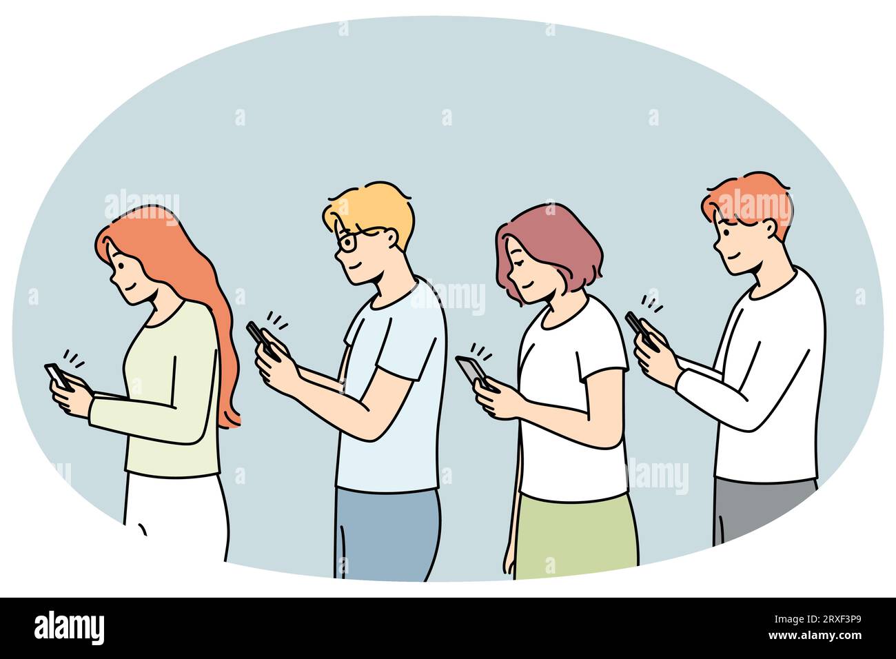 Young people in line with smartphones in hands addicted to gadgets. Men ...