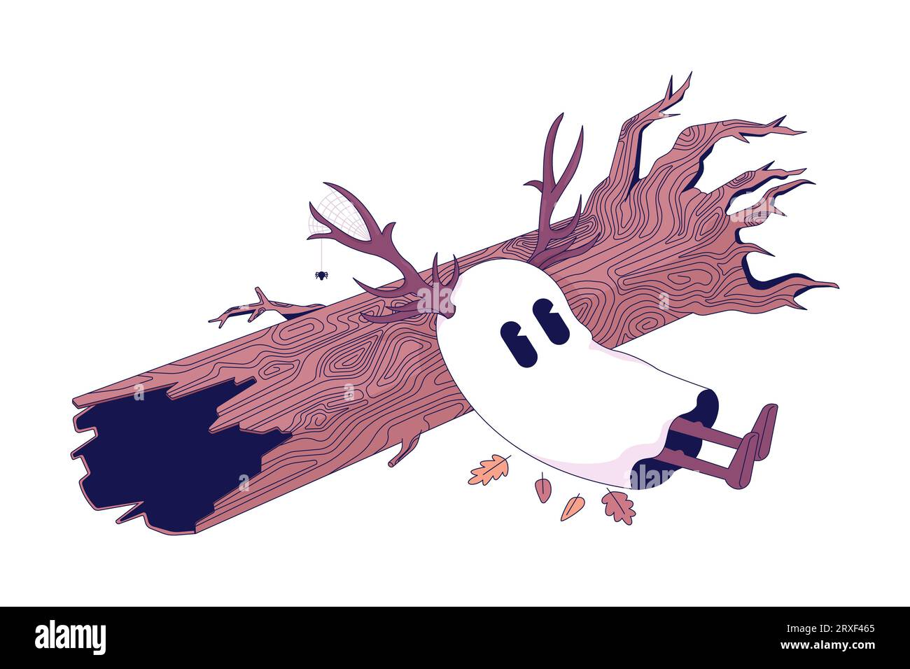 Depressed cute ghost lying on tree trunk line cartoon flat illustration ...