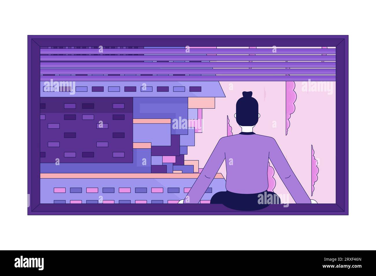 Sitting on reversed window man watching back view 2D linear ...