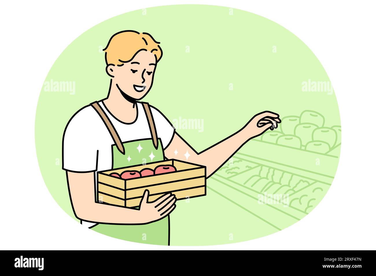 Man in uniform working in supermarket. Male employee busy in fruit shop ...