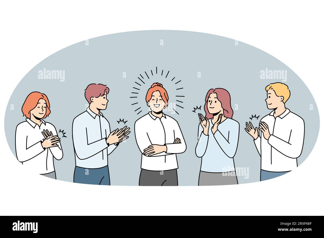 Happy colleague applaud greeting successful businesswoman with personal work achievement ...