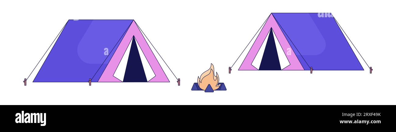 Camping tents with bonfire line cartoon flat illustration Stock Vector ...
