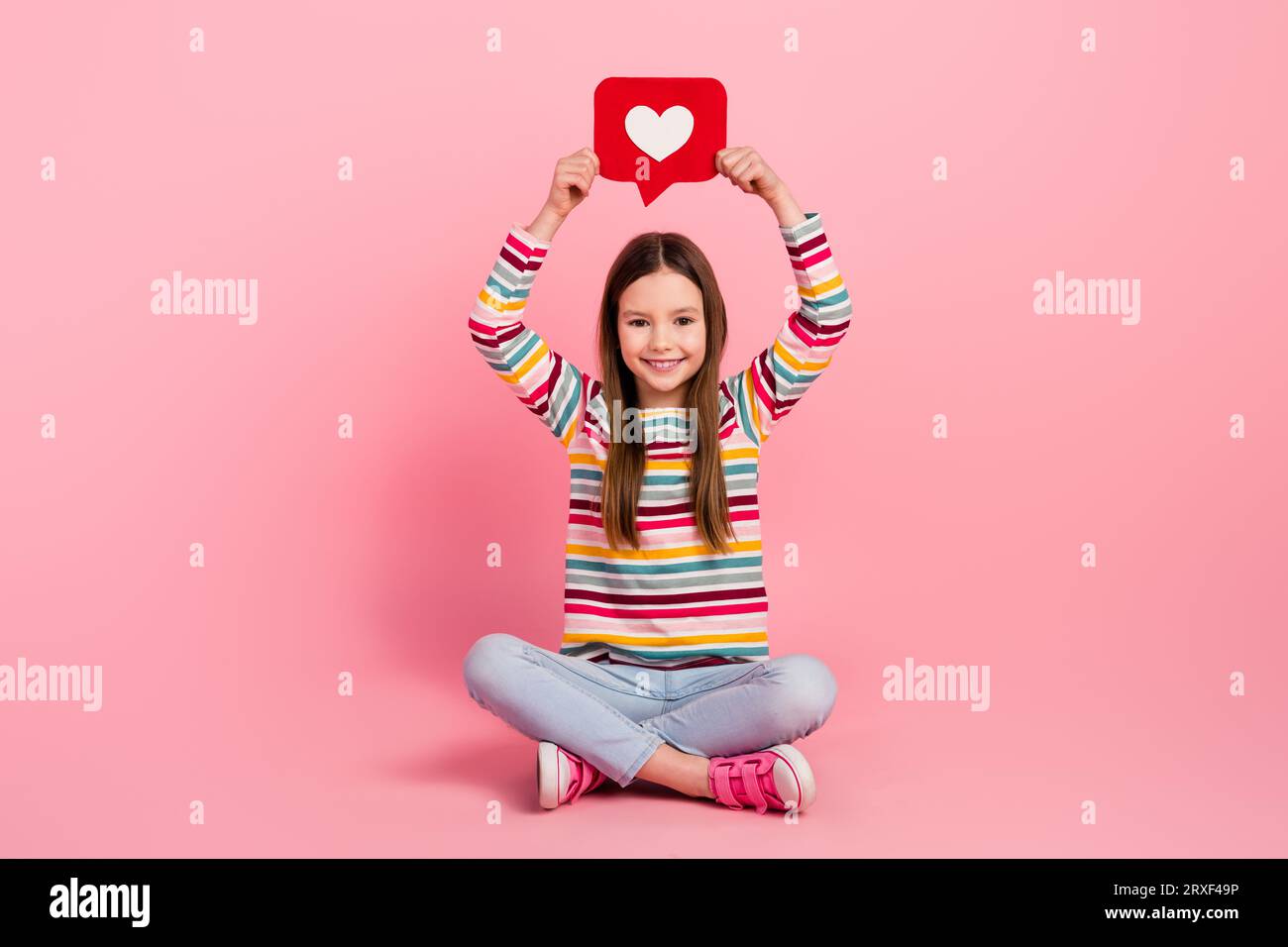Full body photo optimistic little kid girlfriend feelings postcard ...