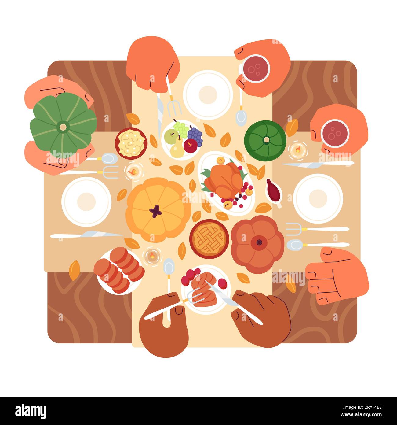 Thanksgiving table family cartoon flat illustration Stock Vector Image ...