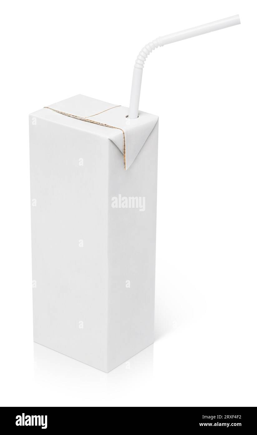 200 ml milk or juice carton package with straw isolated on white with ...