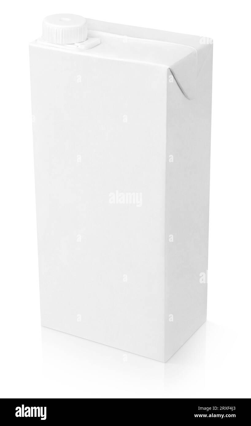 Pack shot carton package of juice with cap isolated on white with ...
