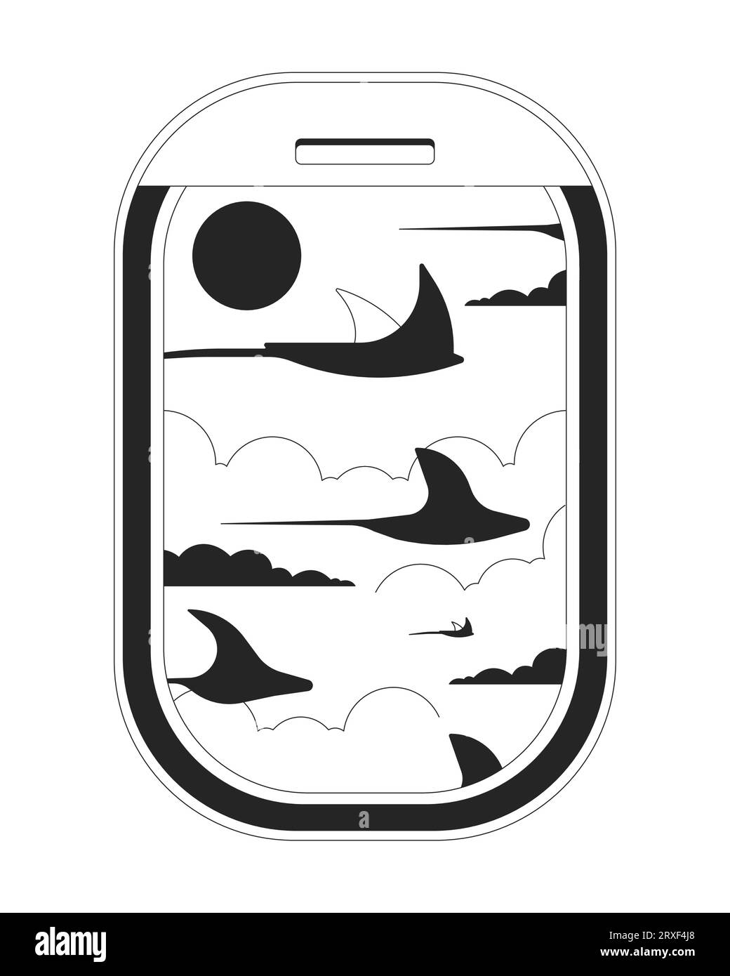 Aircraft window with flying ray fish in sky black and white 2D line ...