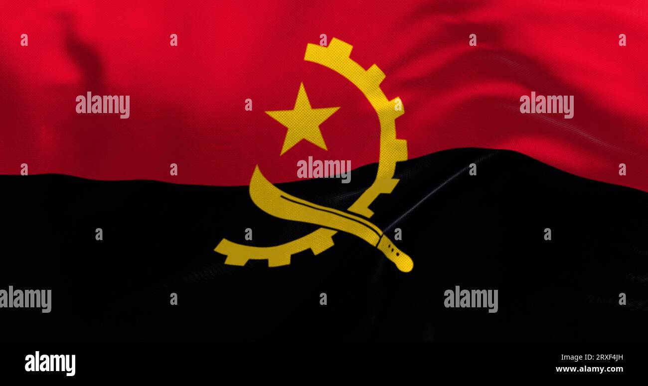 Close-up of Angola national flag waving in the wind. Two horizontal ...