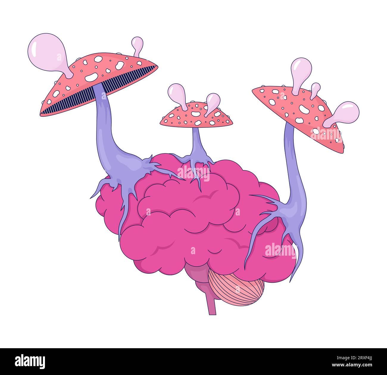 Hallucinogenic parasitic fungi growing on brain 2D linear illustration ...
