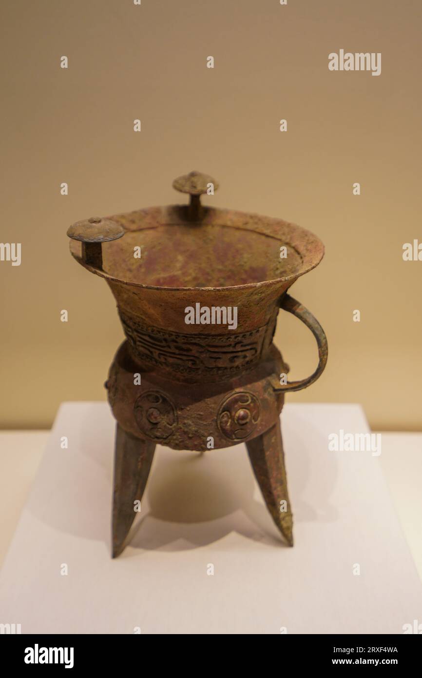 Beijing China, February 17, 2023: Bronze vessels of the Shang Dynasty ...
