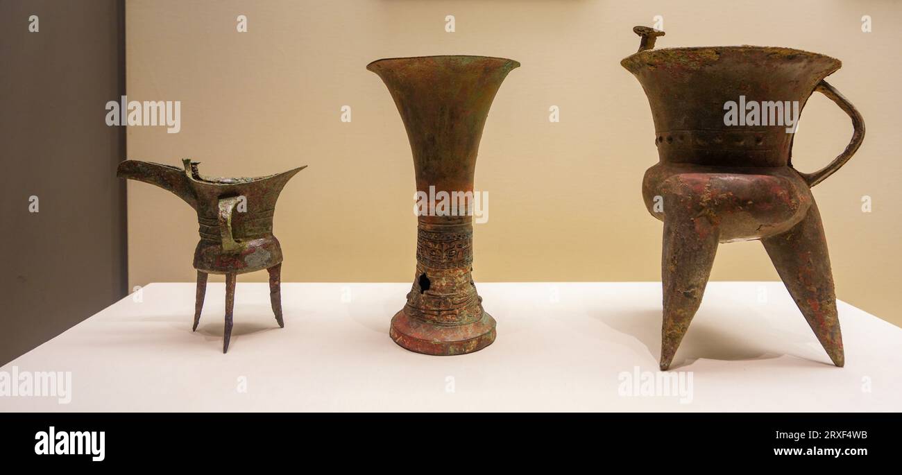 Beijing China, February 17, 2023: Bronze vessels of the Shang Dynasty ...