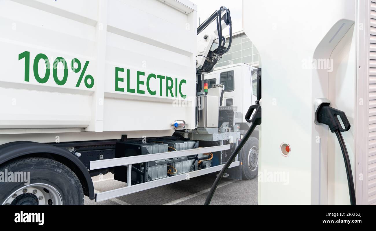 Concept of full electric garbage truck. Green energy vehicle Stock ...