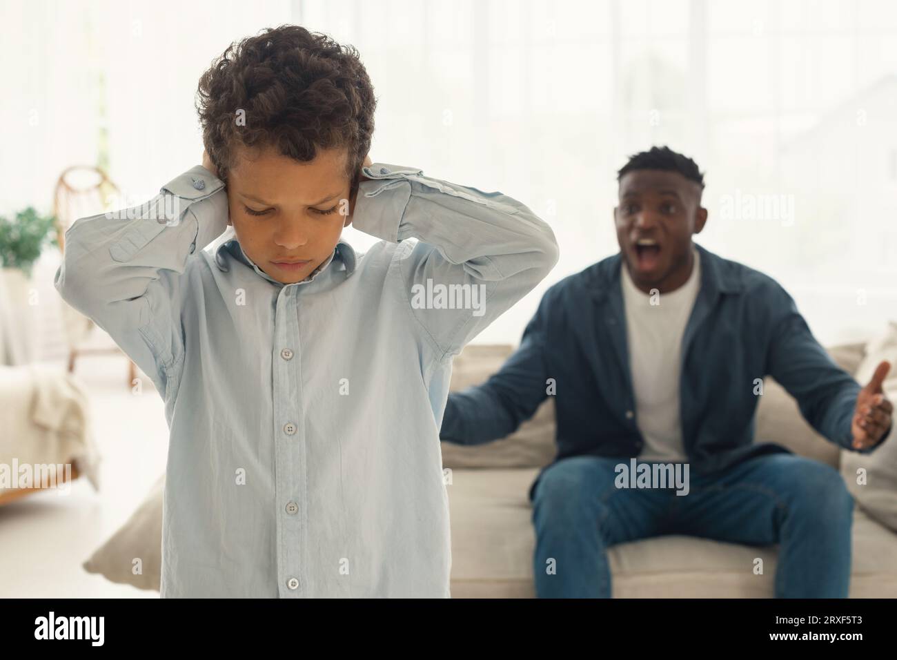 Mad African American Dad Shouting At Scared Kid Son Indoor Stock Photo ...