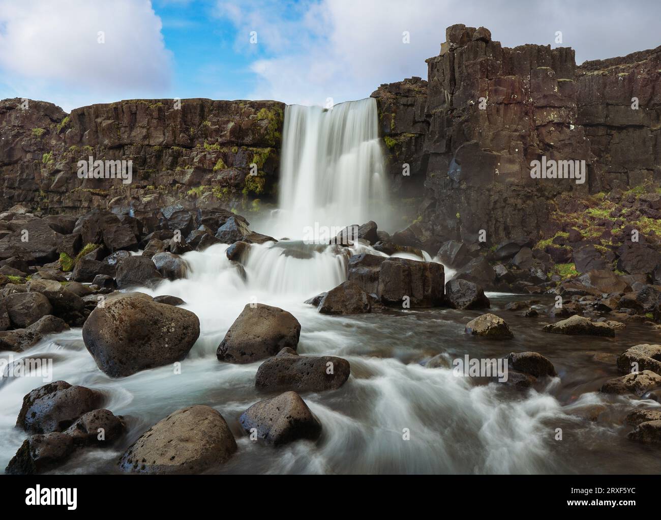 Time's gentle blur at Þingvellir: Oxarárfoss flowing seamlessly between ...