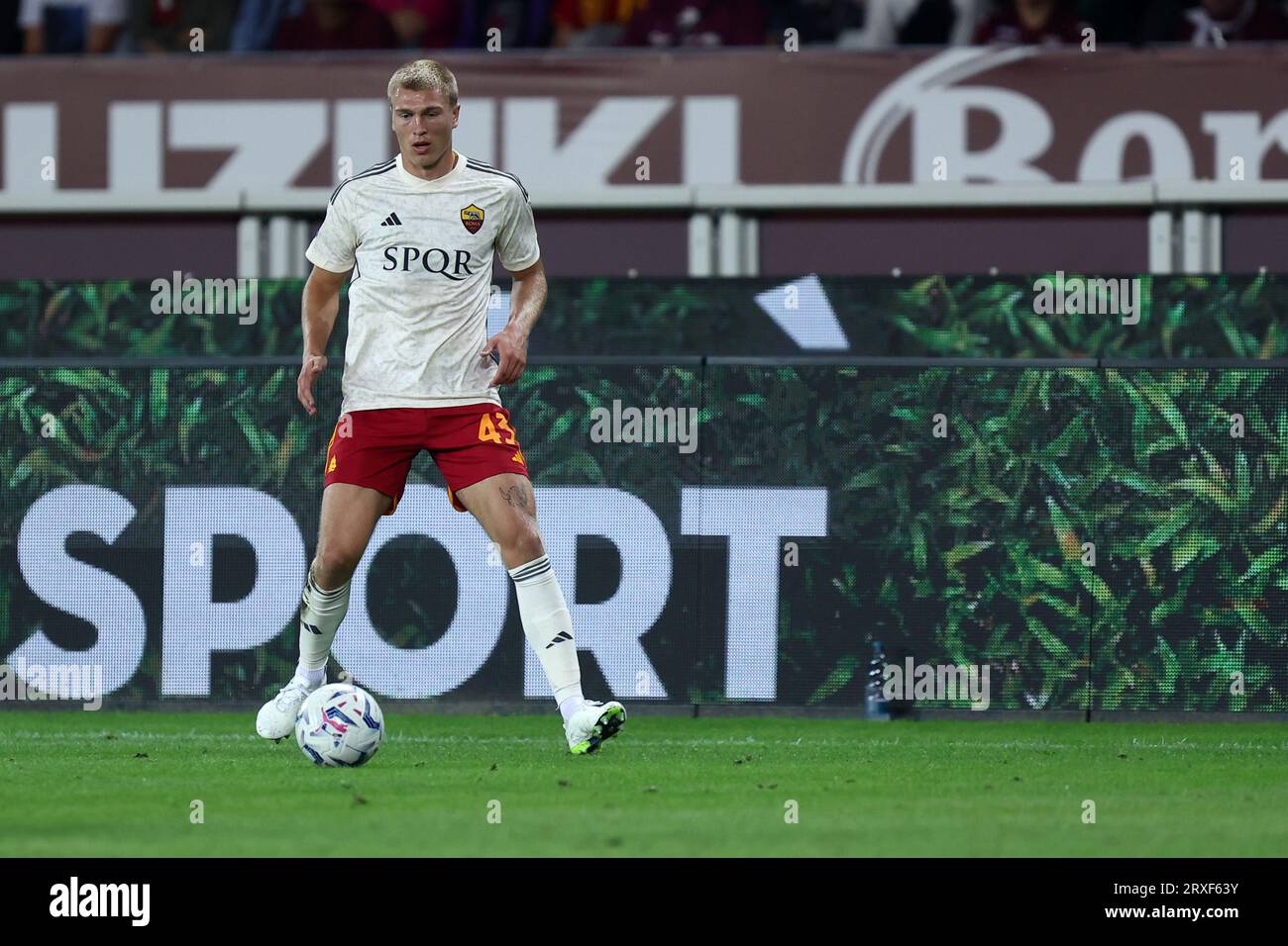 Torino, Italy. 24th Sep, 2023. Rasmus Kristensen of As Roma controls ...