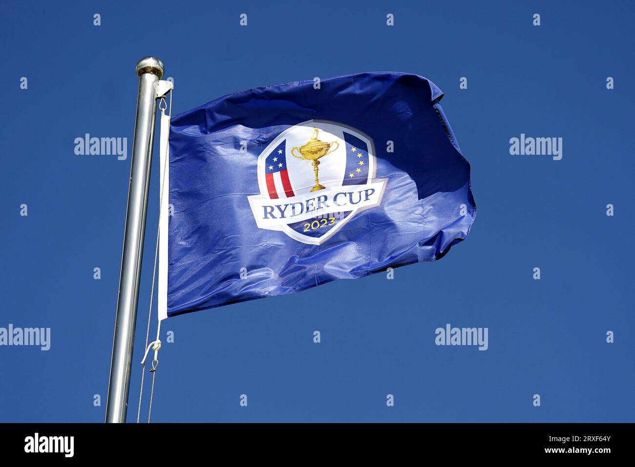 A general view of a Ryder Cup flag at the Marco Simone Golf and Country ...