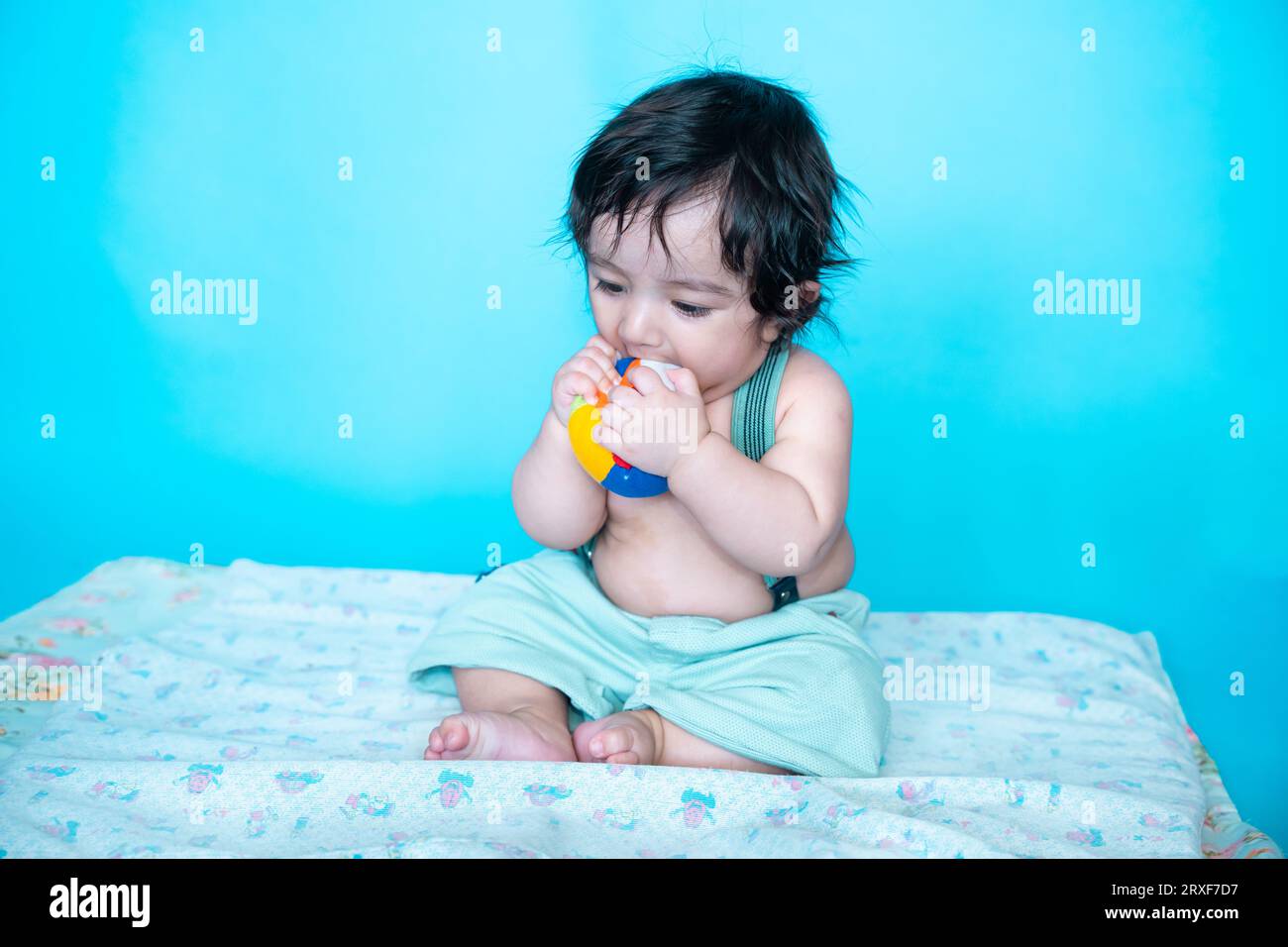 Smiling six months old cute indian baby boy play with toy sitting isolated over blue studio ...