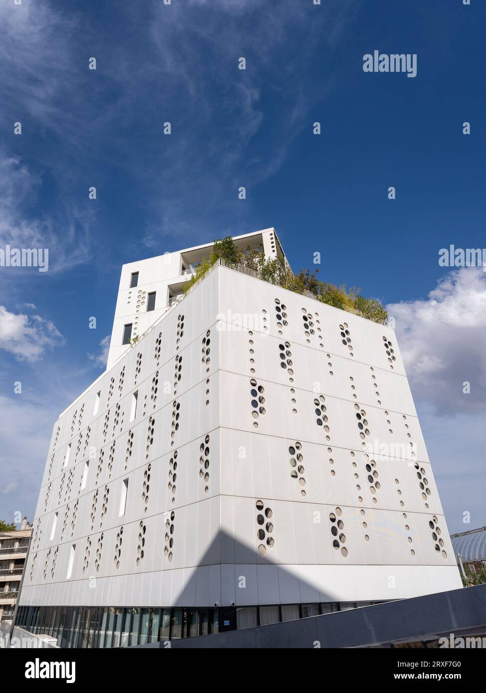 Montpellier, France - 09 18 2023 : Low angle side view of modern ...