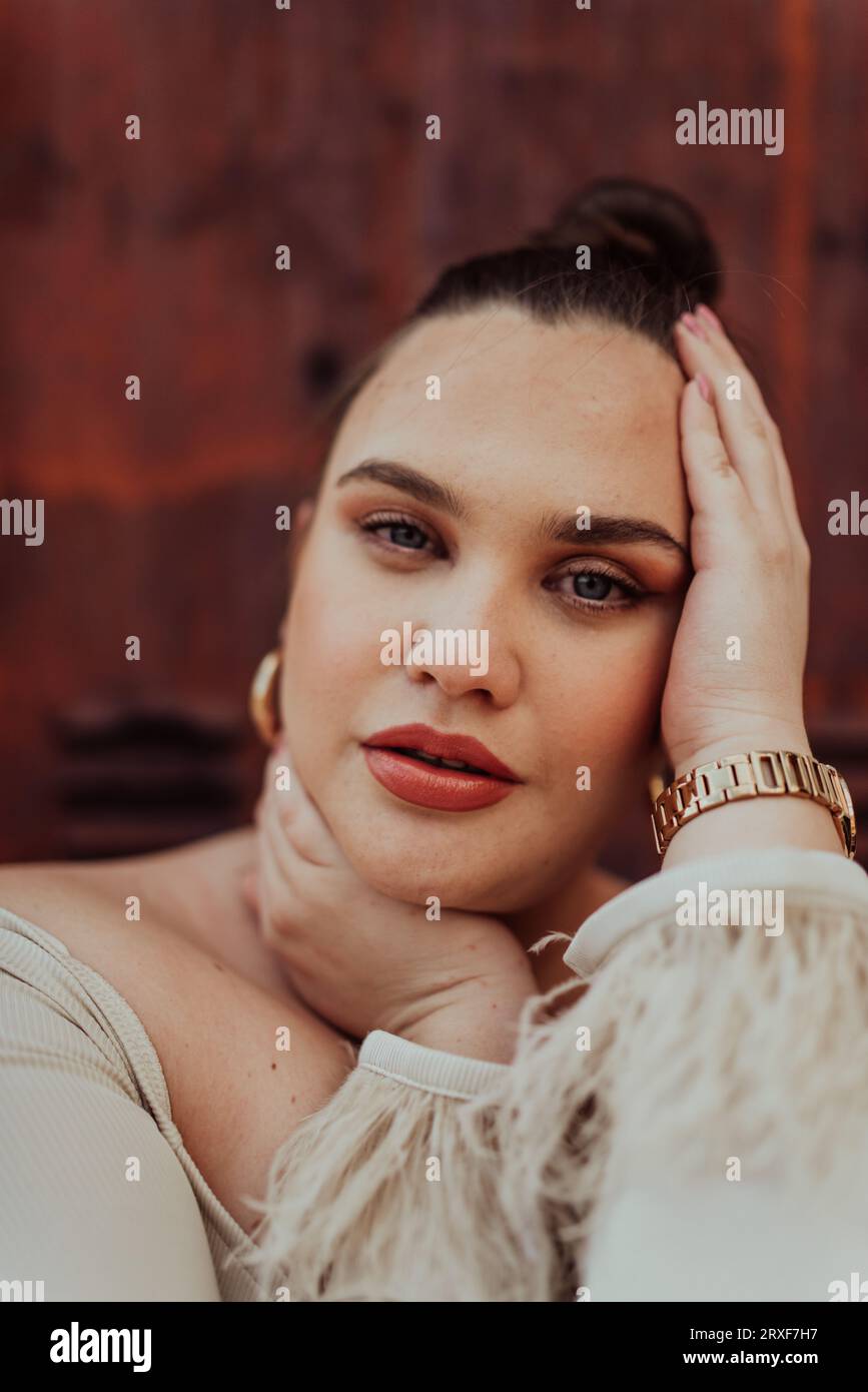 A close-up, unretouched portrait of a naturally beautiful young woman ...
