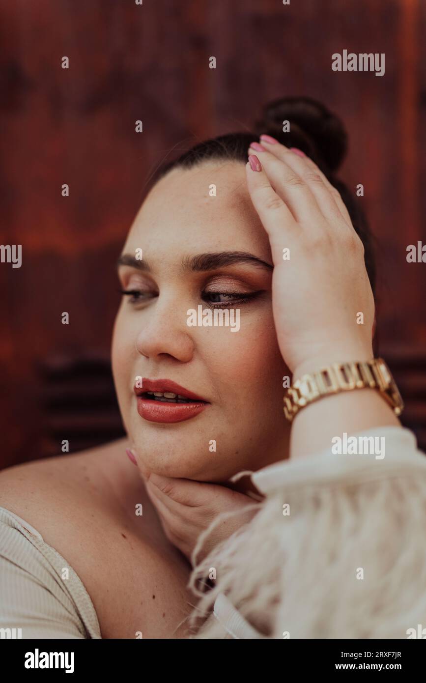 A close-up, unretouched portrait of a naturally beautiful young woman ...