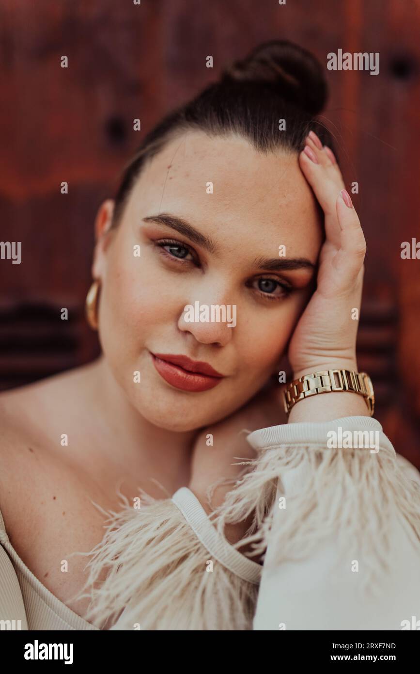 A close-up, unretouched portrait of a naturally beautiful young woman ...