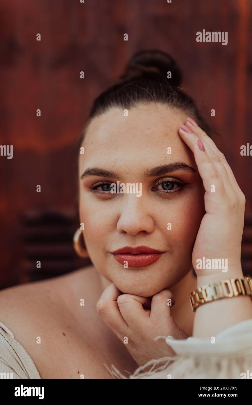 A close-up, unretouched portrait of a naturally beautiful young woman ...