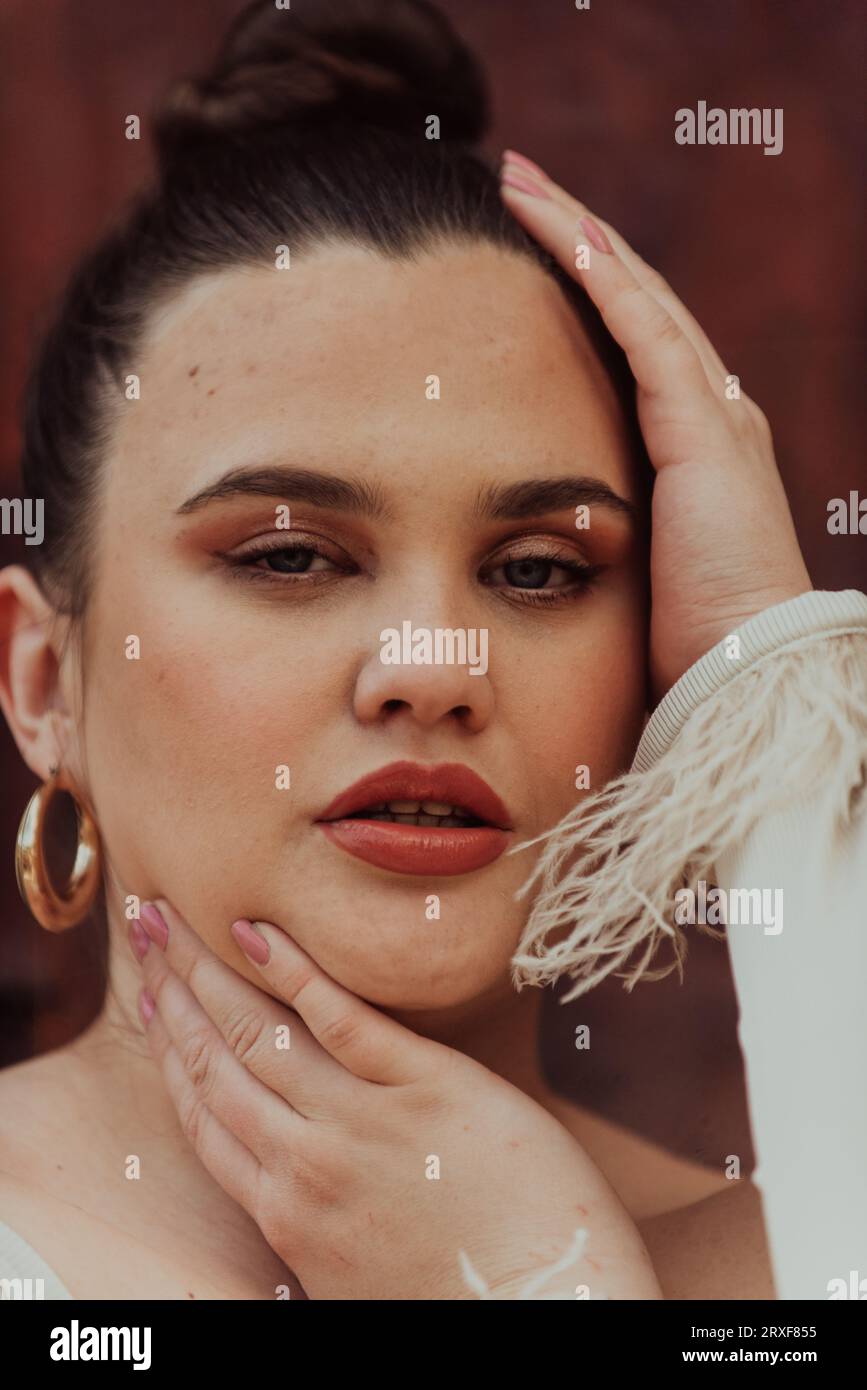 A close-up, unretouched portrait of a naturally beautiful young woman ...