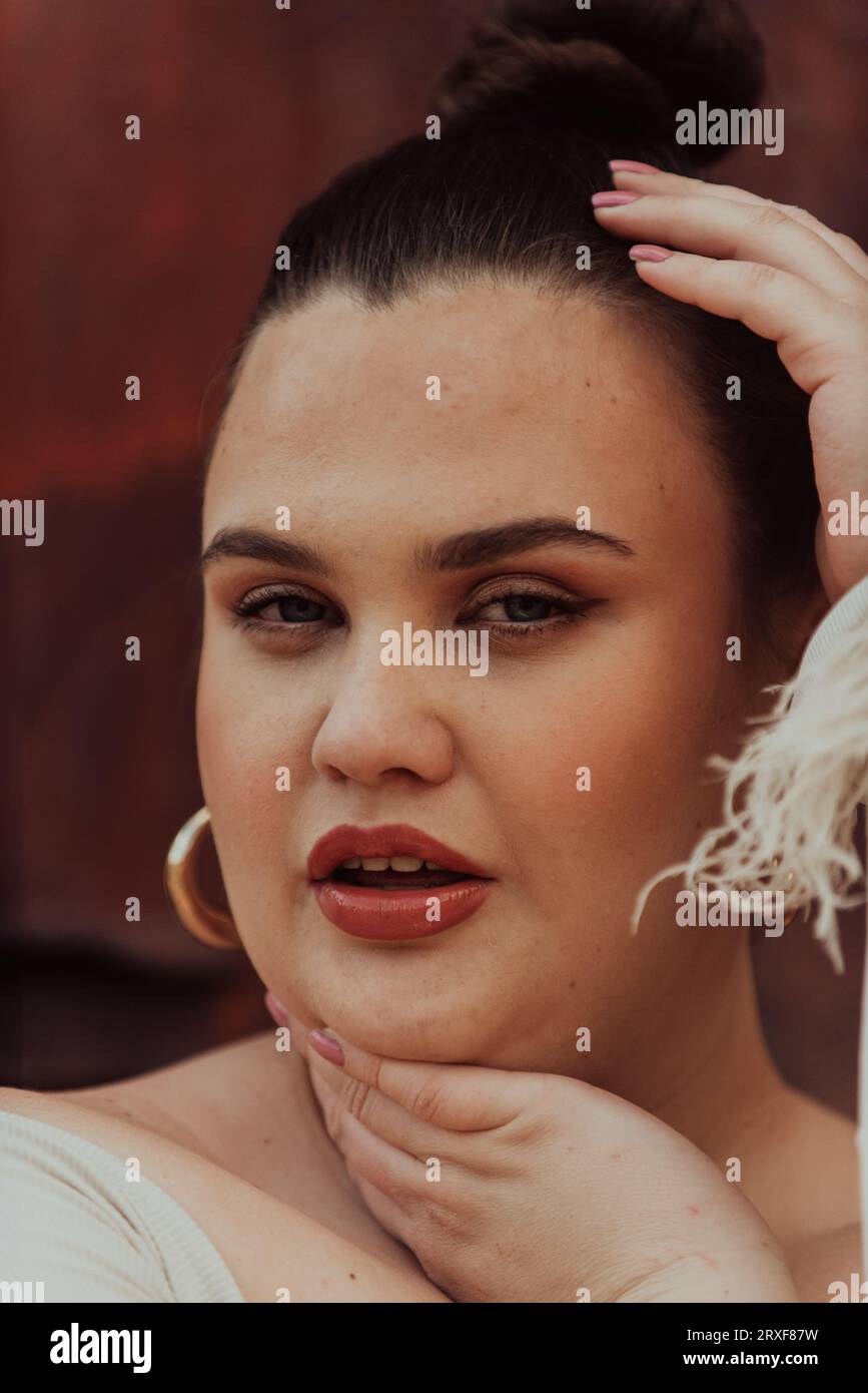 A close-up, unretouched portrait of a naturally beautiful young woman ...