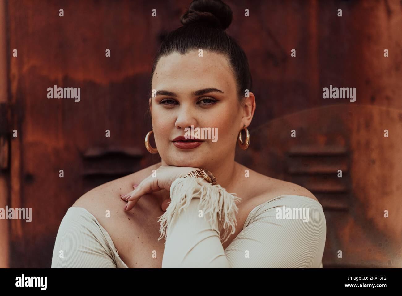 A close-up, unretouched portrait of a naturally beautiful young woman ...