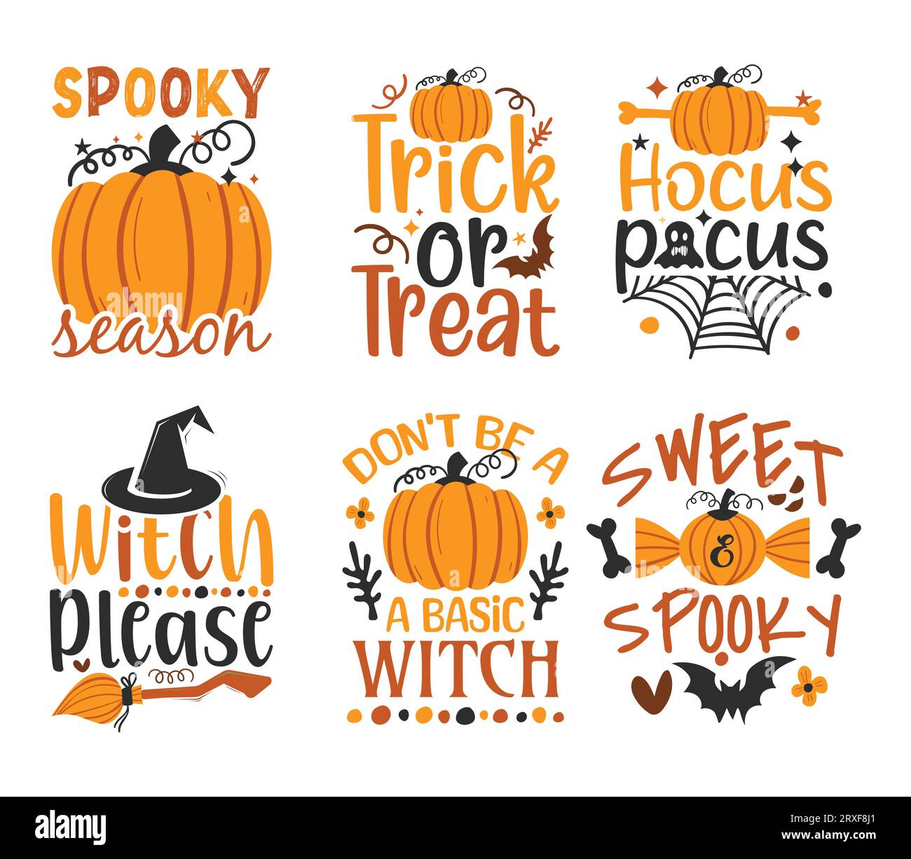 Set of Halloween lettering quotes with pumpkins, witch hat, spider web ...