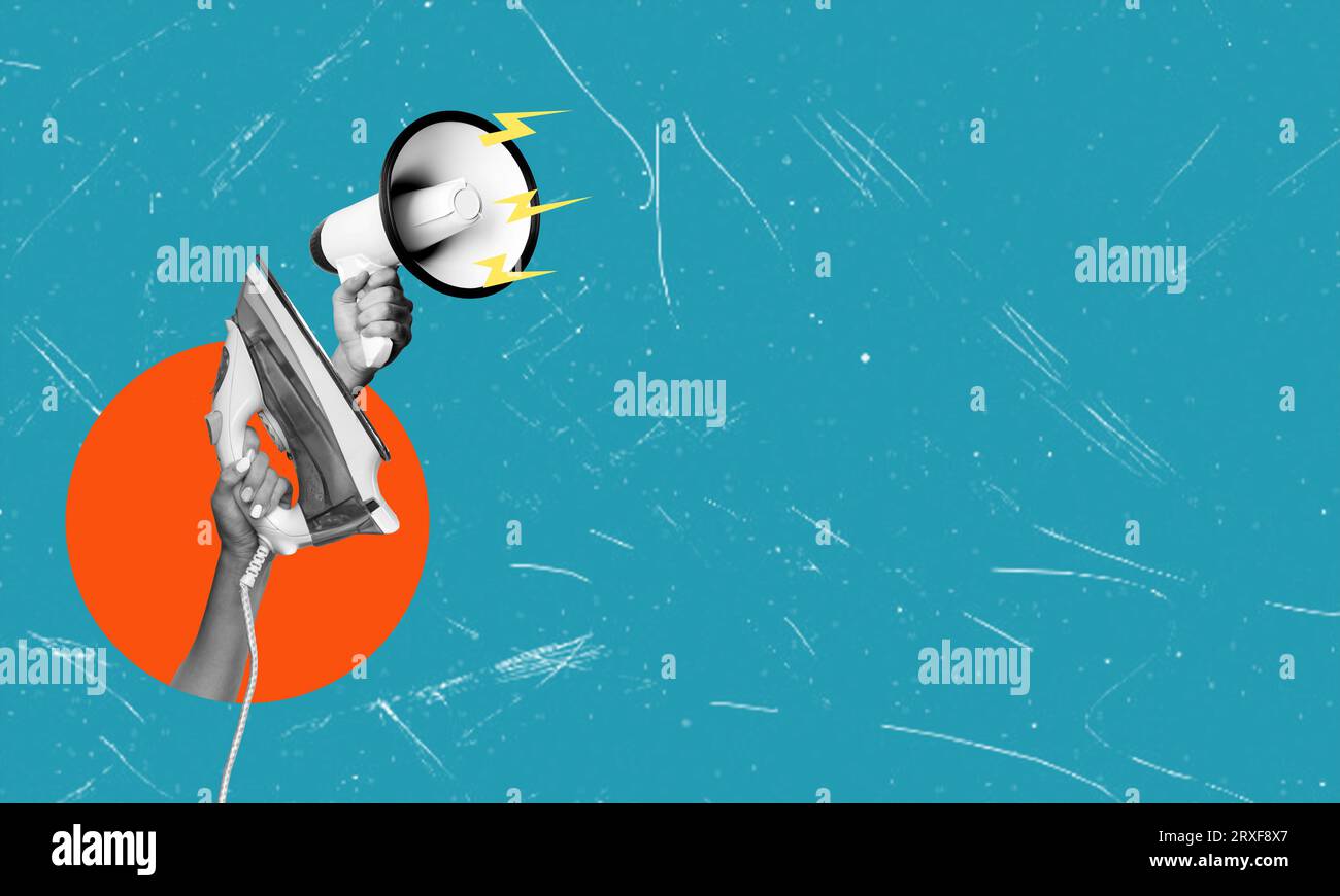 Modern art collage. Hand with iron megaphone on blue background. Urban ...