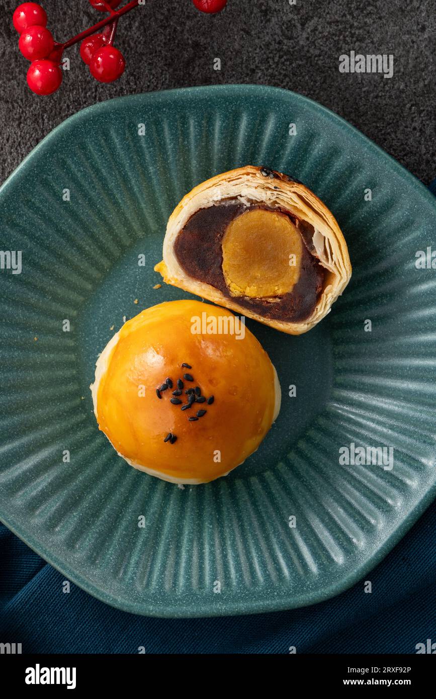 Moon cake yolk pastry, mooncake for Mid-Autumn Festival holiday on gray ...