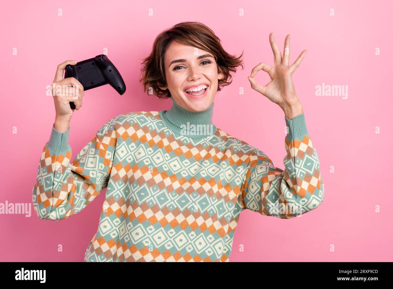 Photo of okey sign demonstrate girl successful fifa game career ...