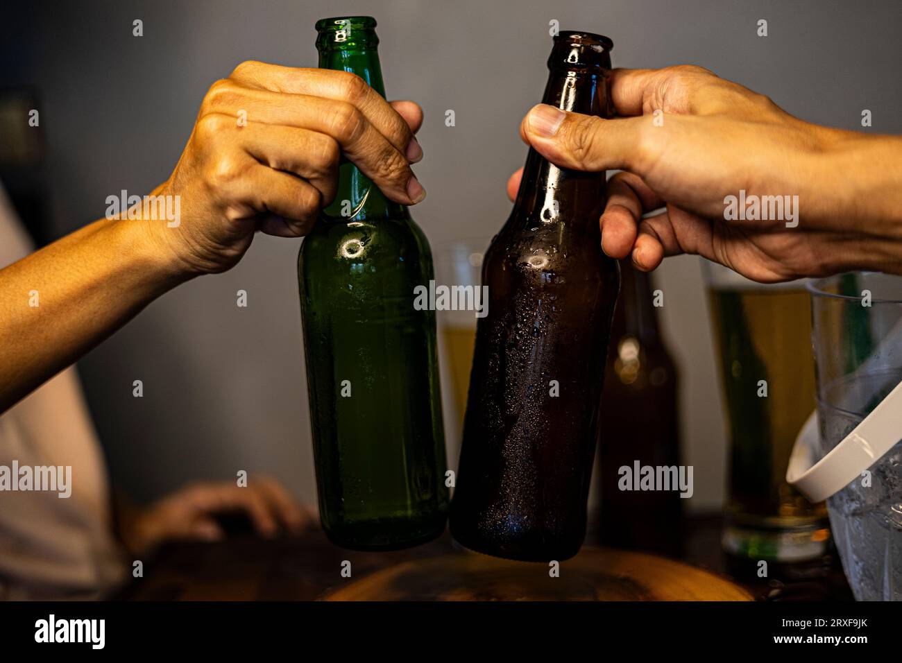 Hands Hold Of Clinking Beer Bottles, Backgrounds for advertisements and ...