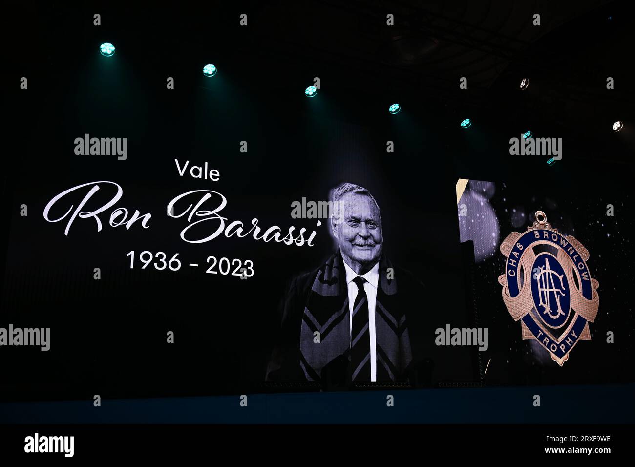 Melbourne, Australia. 25th Sep, 2023. A tribute for Ron Barassi is displayed during the 2023 ...