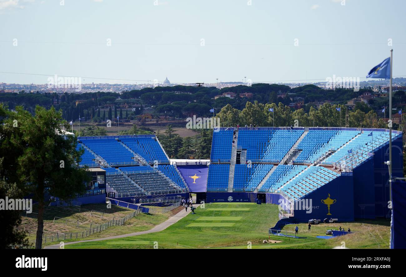 A general view of the 1st tee and grandstand at the Marco Simone Golf ...
