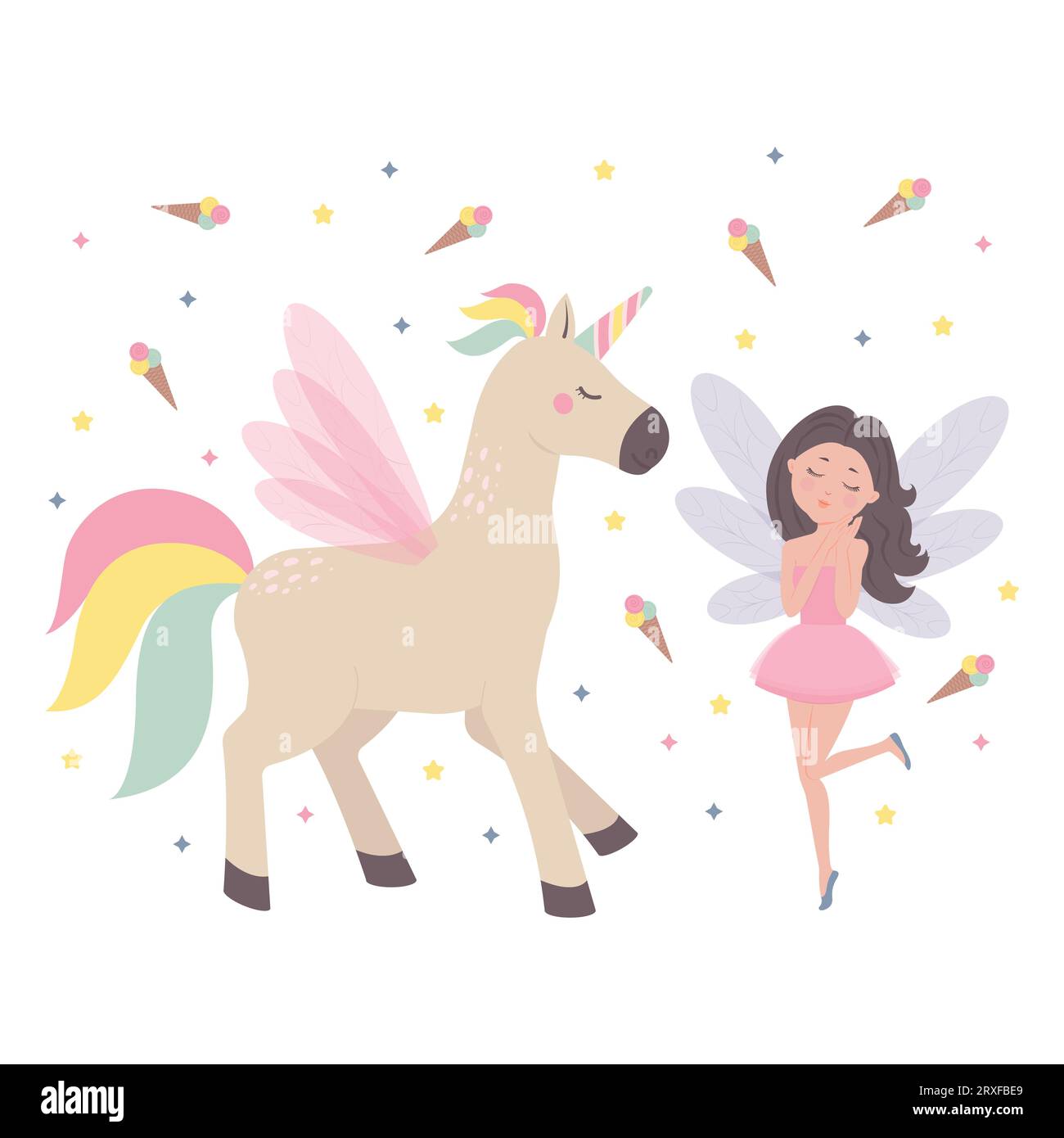 Cute flying fairy and unicorn are childrens fairy tale characters. Flat ...