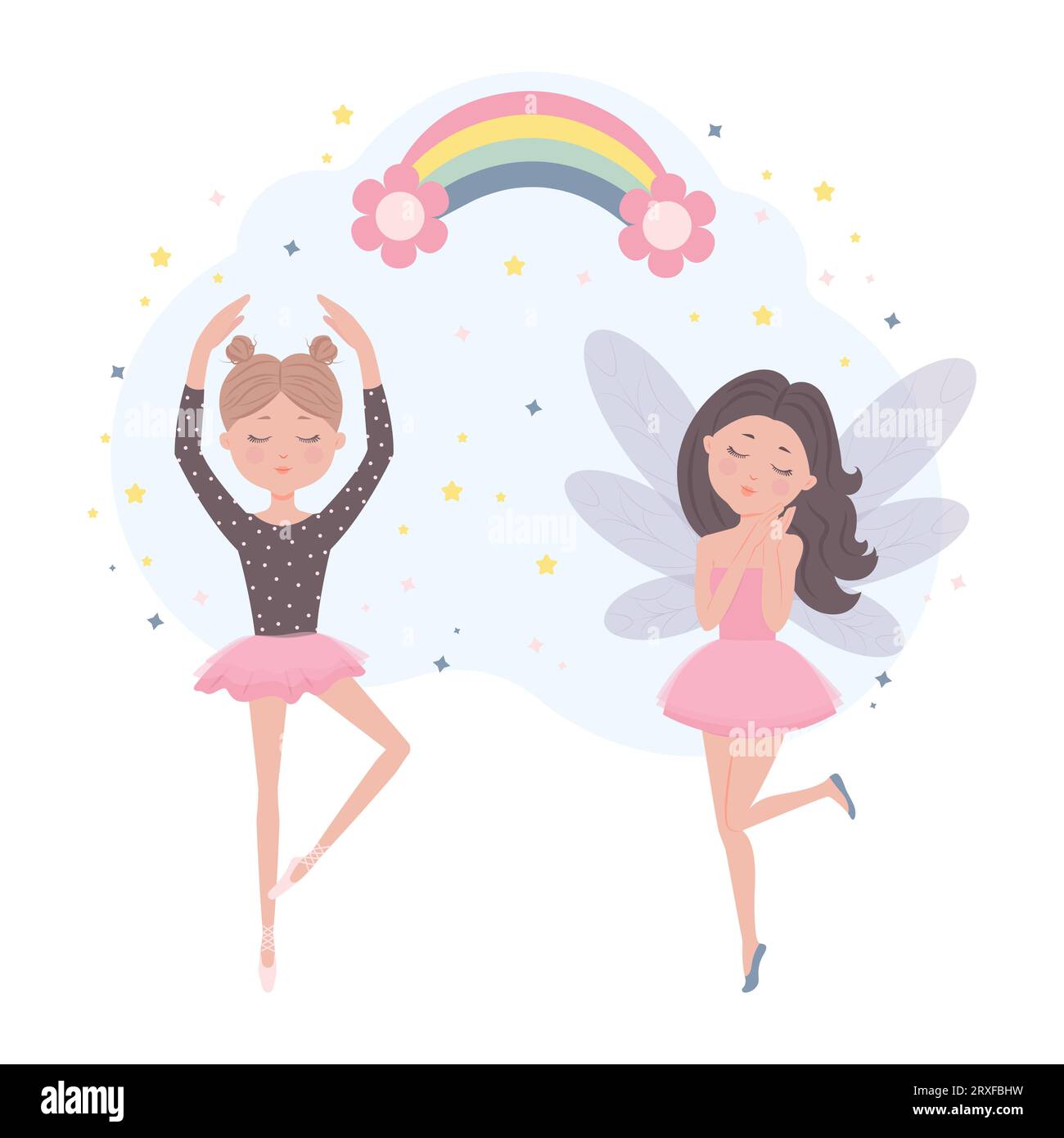 Cute girls ballerina and fairy dancing, fairy tale characters. Flat ...