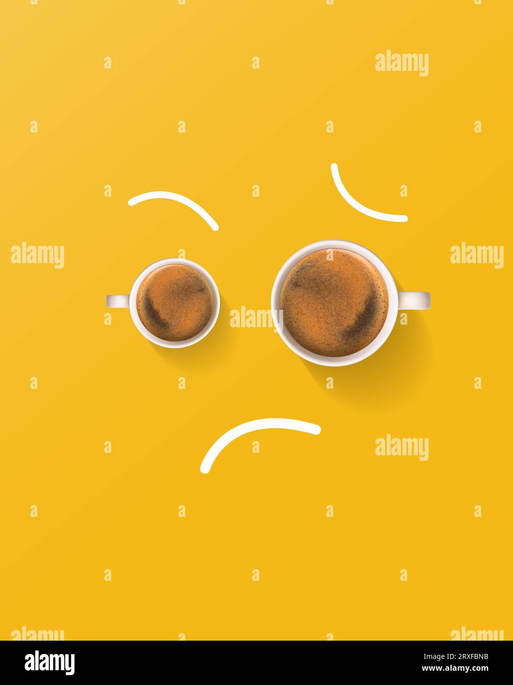 Emotions and doodles. Cup with fresh coffee, americano over yellow ...